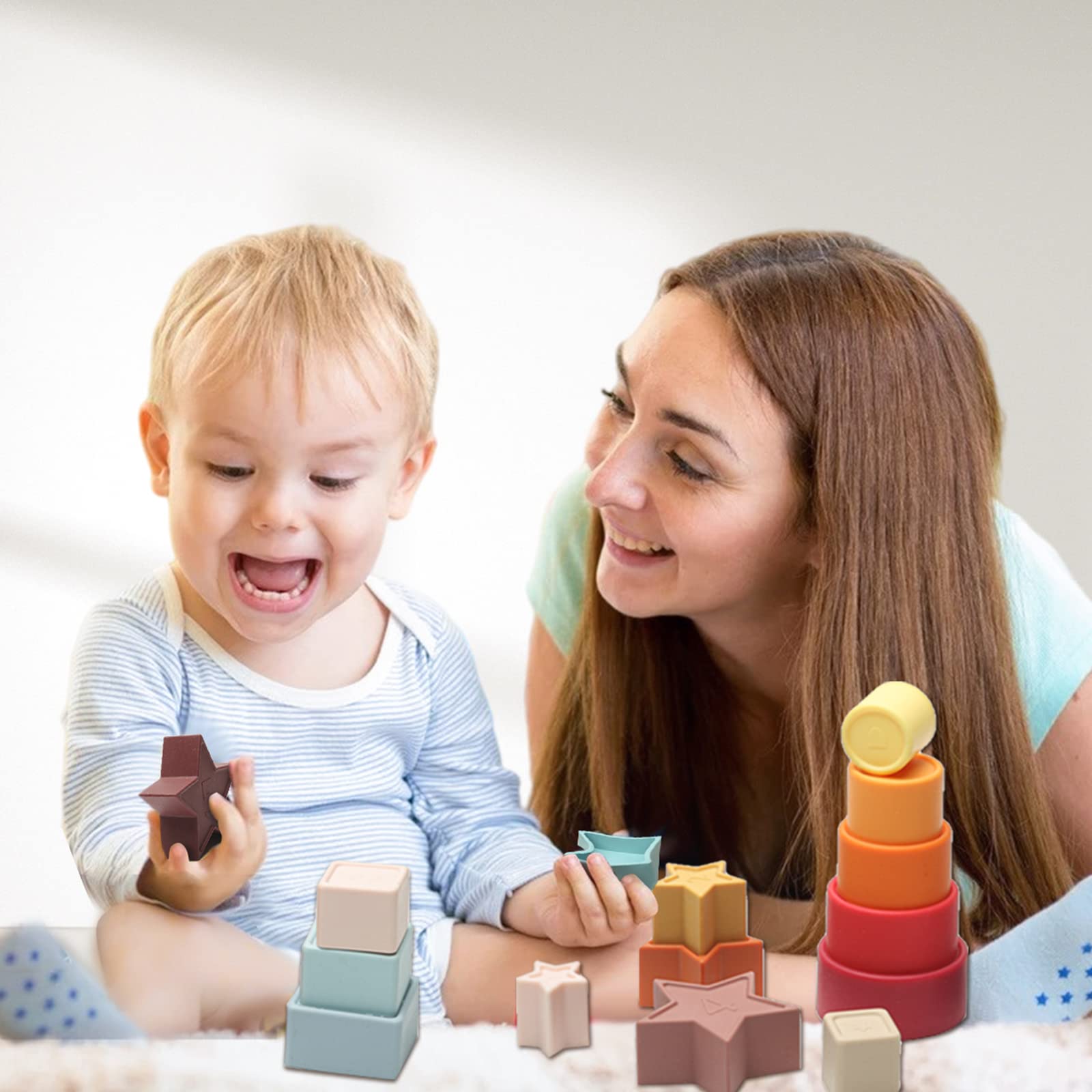 ibwaae Soft Silicone Stacking Toys Set 15 Pcs Natural Rainbow Color Nesting Cups and Silicone Stacking Cups Montessori Toy for Baby(Wooden Base)