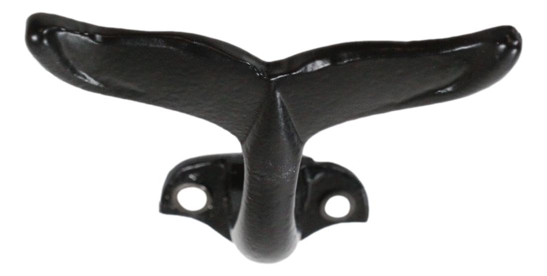 Ebros Set of 2 Cast Iron Rustic Black Coated Finish Nautical Baleen Blue Whale Tail Wall Hook Hangers Coastal Themed Wall Mount Coats Hats Keys Hooks Decor Hanging Fish Whales