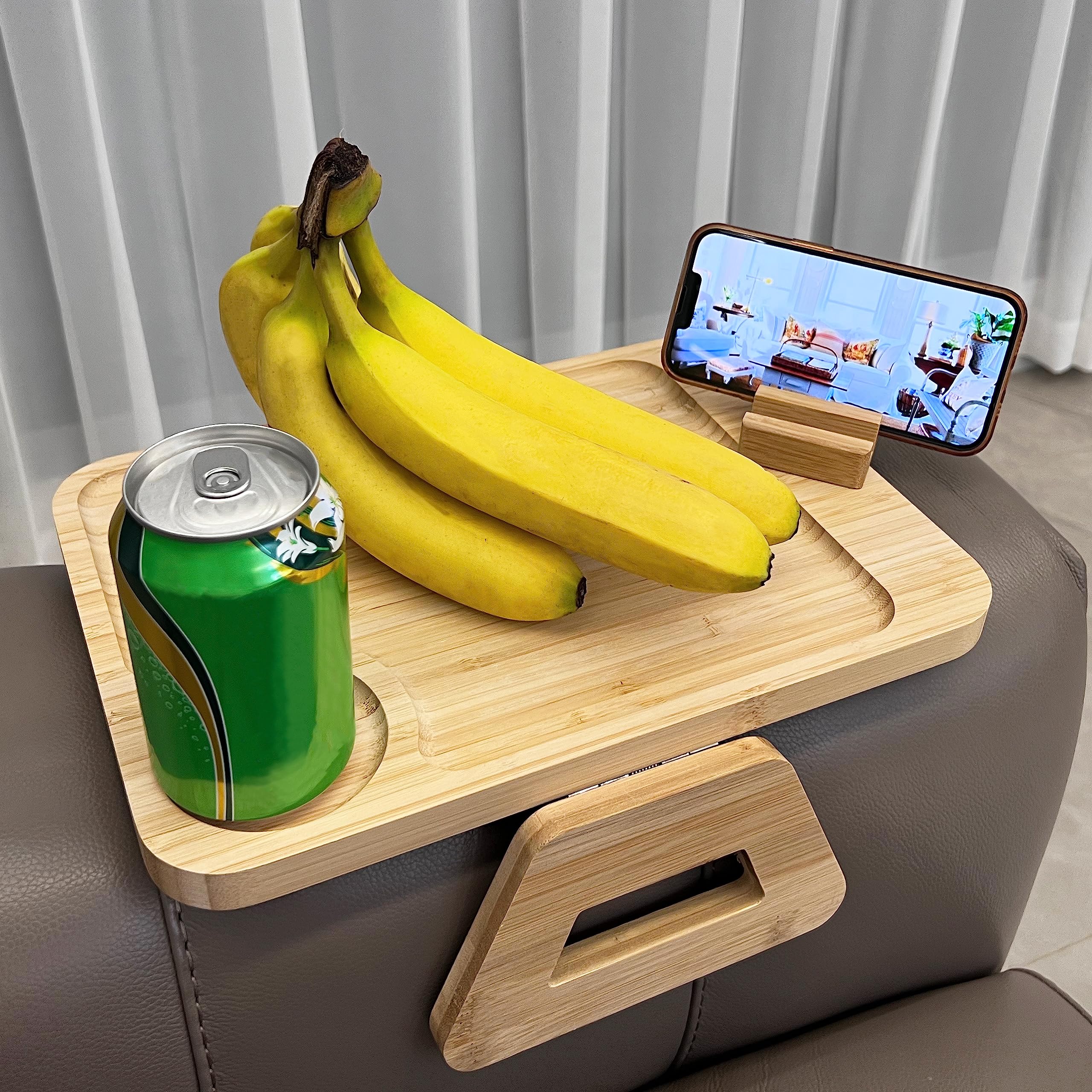Batteo Sofa Arm Tray with 360° Rotating Phone Holder, Bamboo TV Tray and Armrest Tray, Folding Couch Arm Table, Side Table and Couch Slip with Cup Holder for Eating and Drinks, 9"x13"
