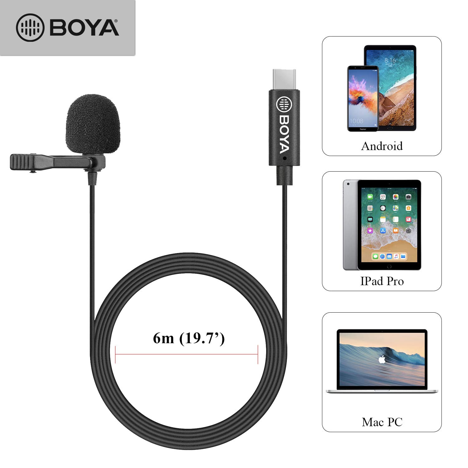 BOYA by-M3 Omnidirectional Lavalier USB C Microphone, Clip-on Lapel Microphone for Android Tablet Laptop Podcast Interview YouTube Video Recording (236in)
