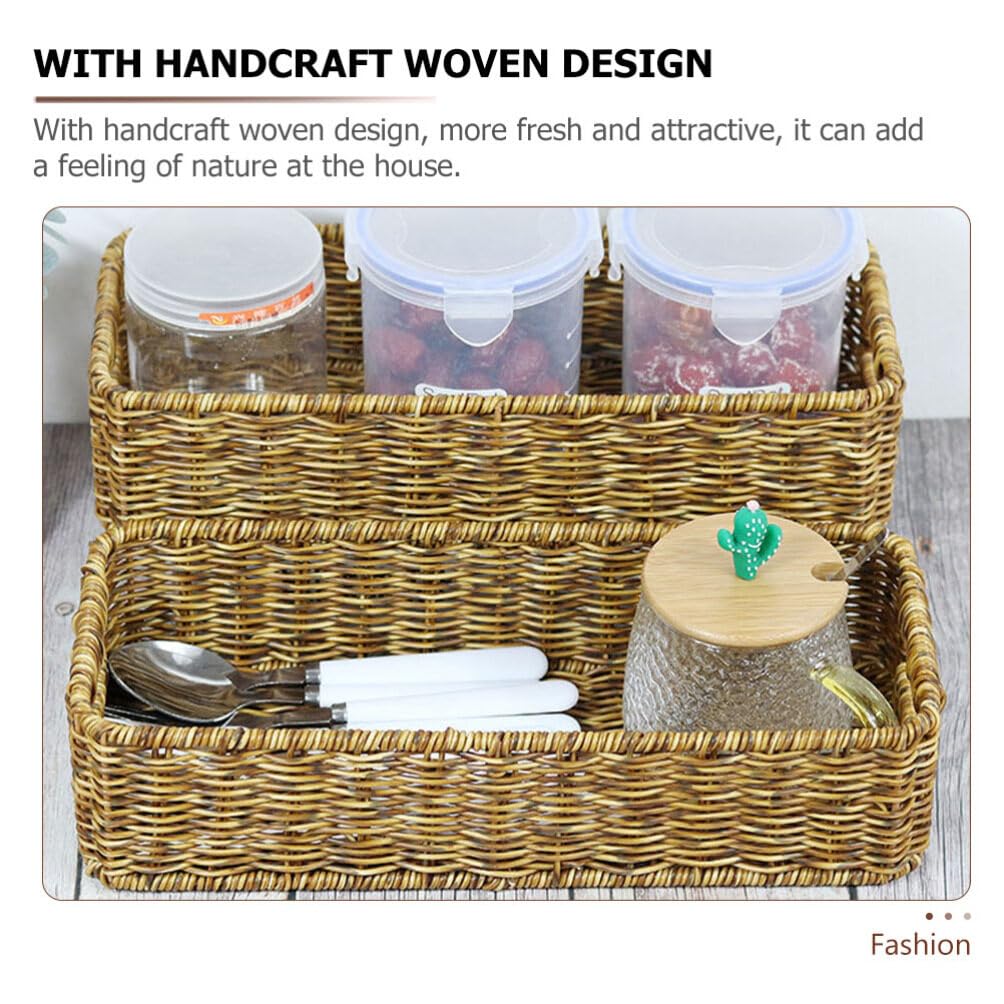 BESTonZON Plastic Woven Storage Basket Rattan Kitchen Cutlery Holder Stand Silverware Basket Kitchen Utensil Drawer Organizer Farmhouse Serving Basket for Kitchen Office