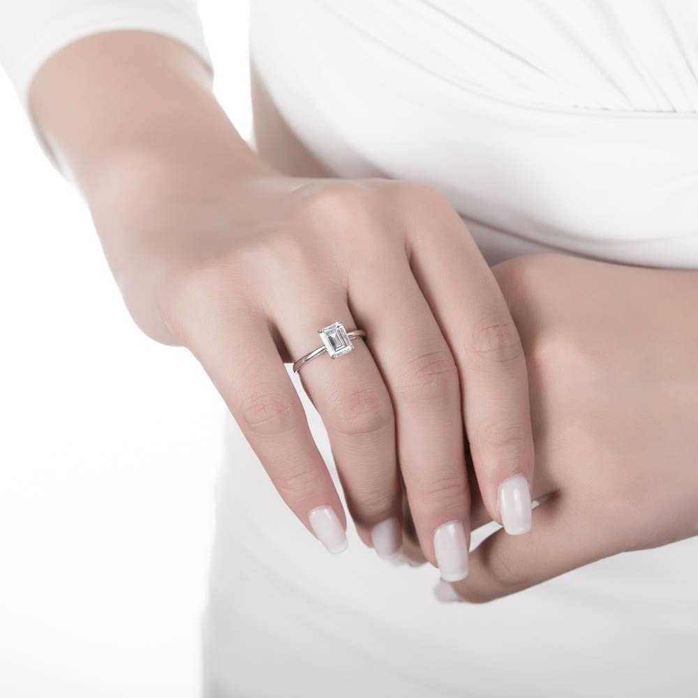BERRICLE Sterling Silver Solitaire Wedding Engagement Rings 2.1 Carat Emerald Cut Cubic Zirconia CZ Ring for Women, Rhodium Plated Size 6