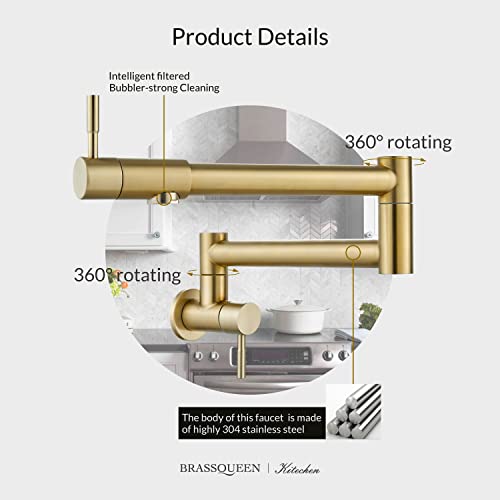 Brassqueen Wall Mounted Pot Filler Kitchen Faucet, Brushed Gold Finish, 2.2 GPM, 15 L/min, 1/2 NPT Connecting Thread, Stainless Steel Core, Dual Ceramic Valves, Anti-Scratch Matte Plating