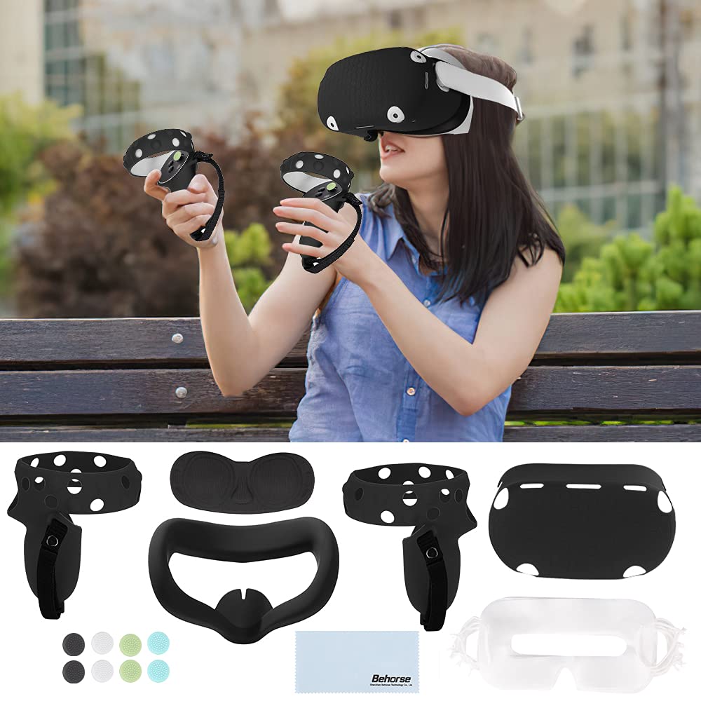 BestMal Touch Controller Grip Cover for Oculus Quest 2 with VR Silicone Face Cover, VR Shell Cover, Quest 2 Lens Cover, Thumb Button Cap, VR Disposable Mask and Cleaning Cloth (Black)