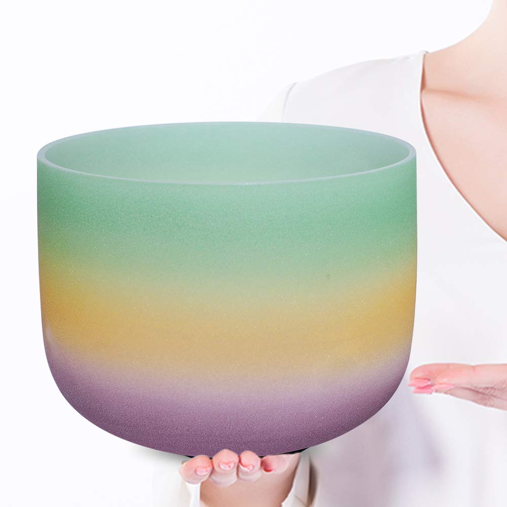 ENERGYSOUND Frosted F Note Heart Chakra Rainbow Colored Quartz Crystal Singing Bowl 8" mallet and o-ring included