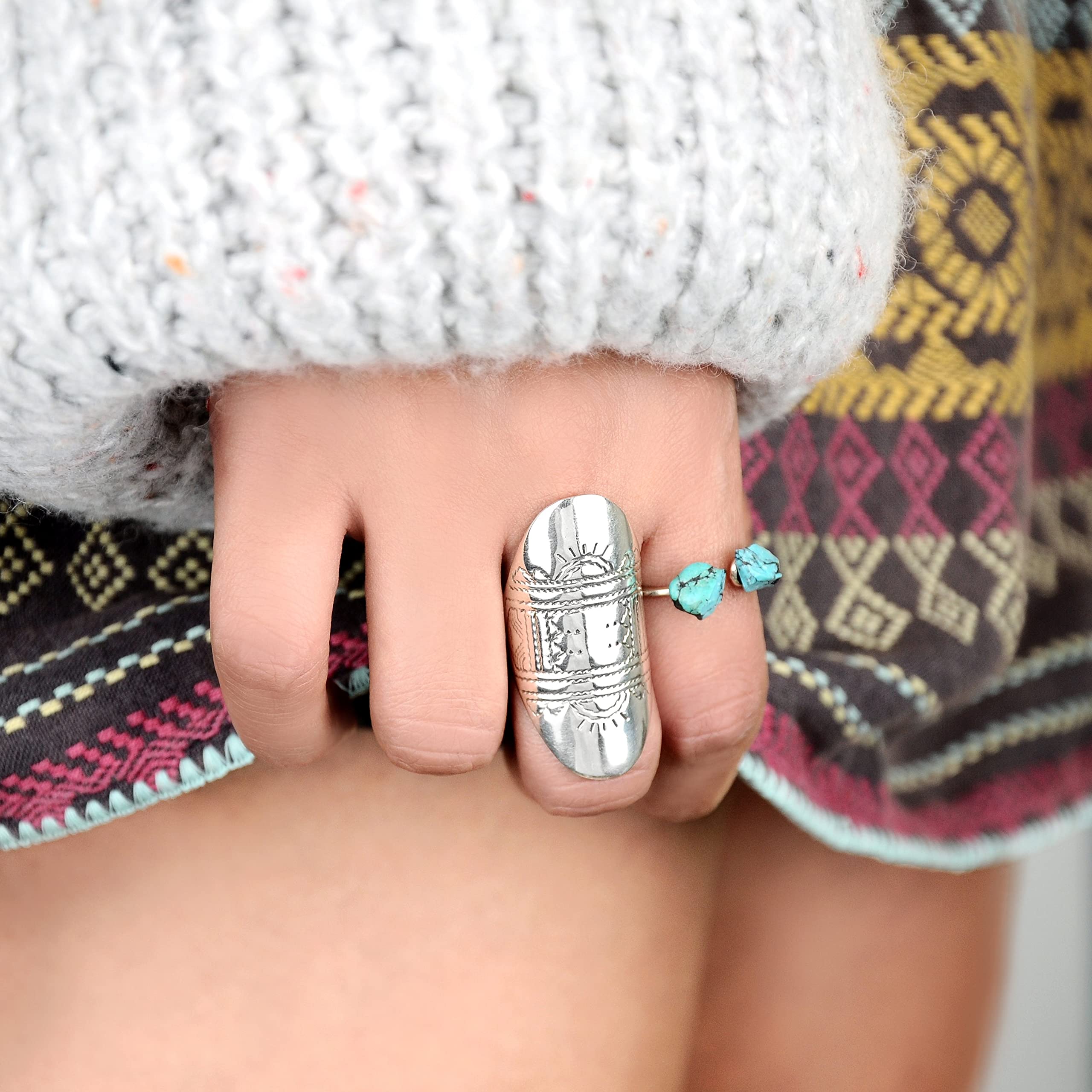 Boho-Magic Sterling Silver Statement Ring for Women Full Finger Long Engraved Jewelry (9)