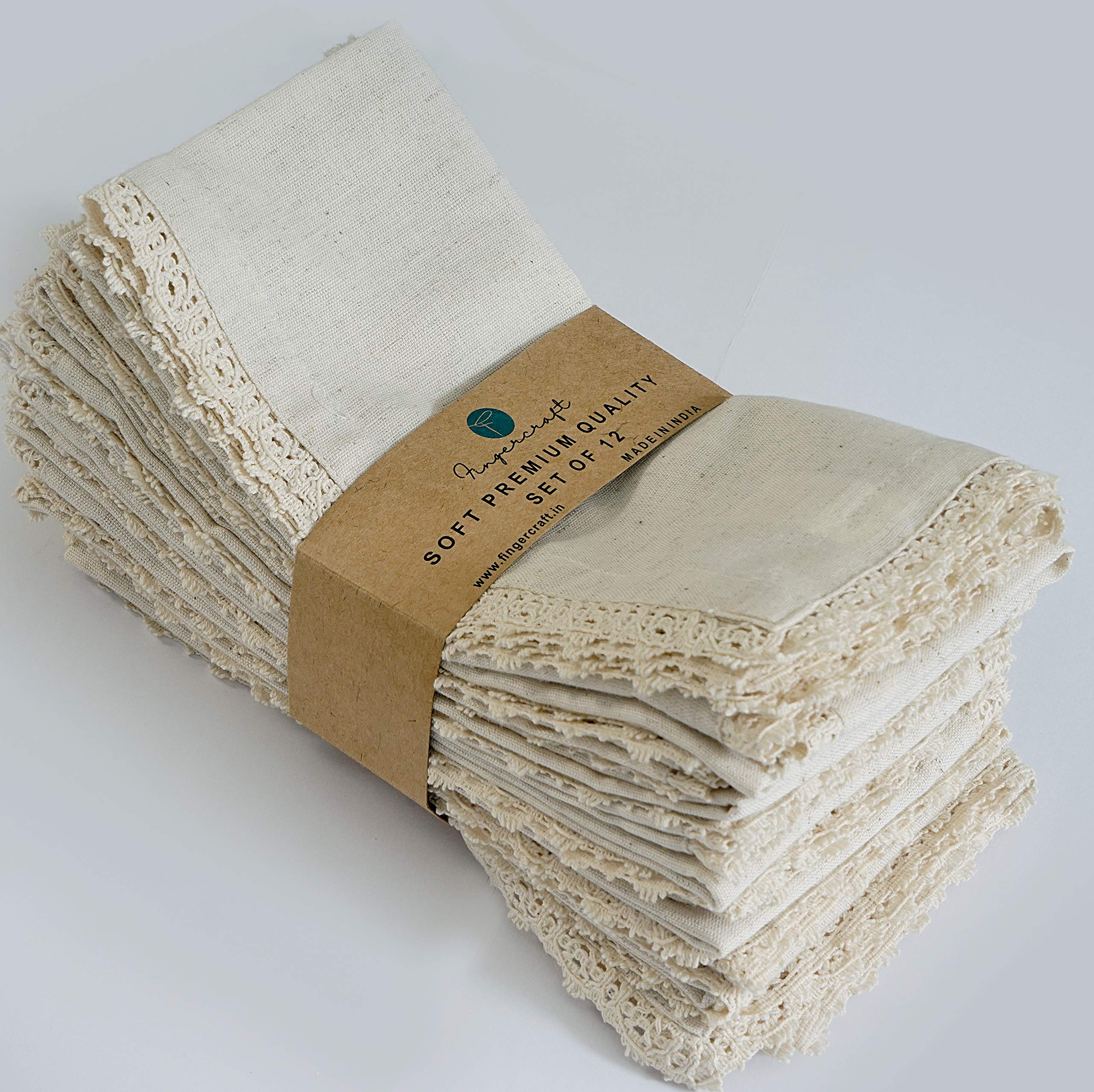 Fingercraft Dinner Napkin Cotton Linen 12 Pack Vintage Rustic Premium Quality Mitered Corners Napkin Cloth with Elegant Lace for Everyday Use, are Pre Shrunk and Good Absorbency with Lace Ivory