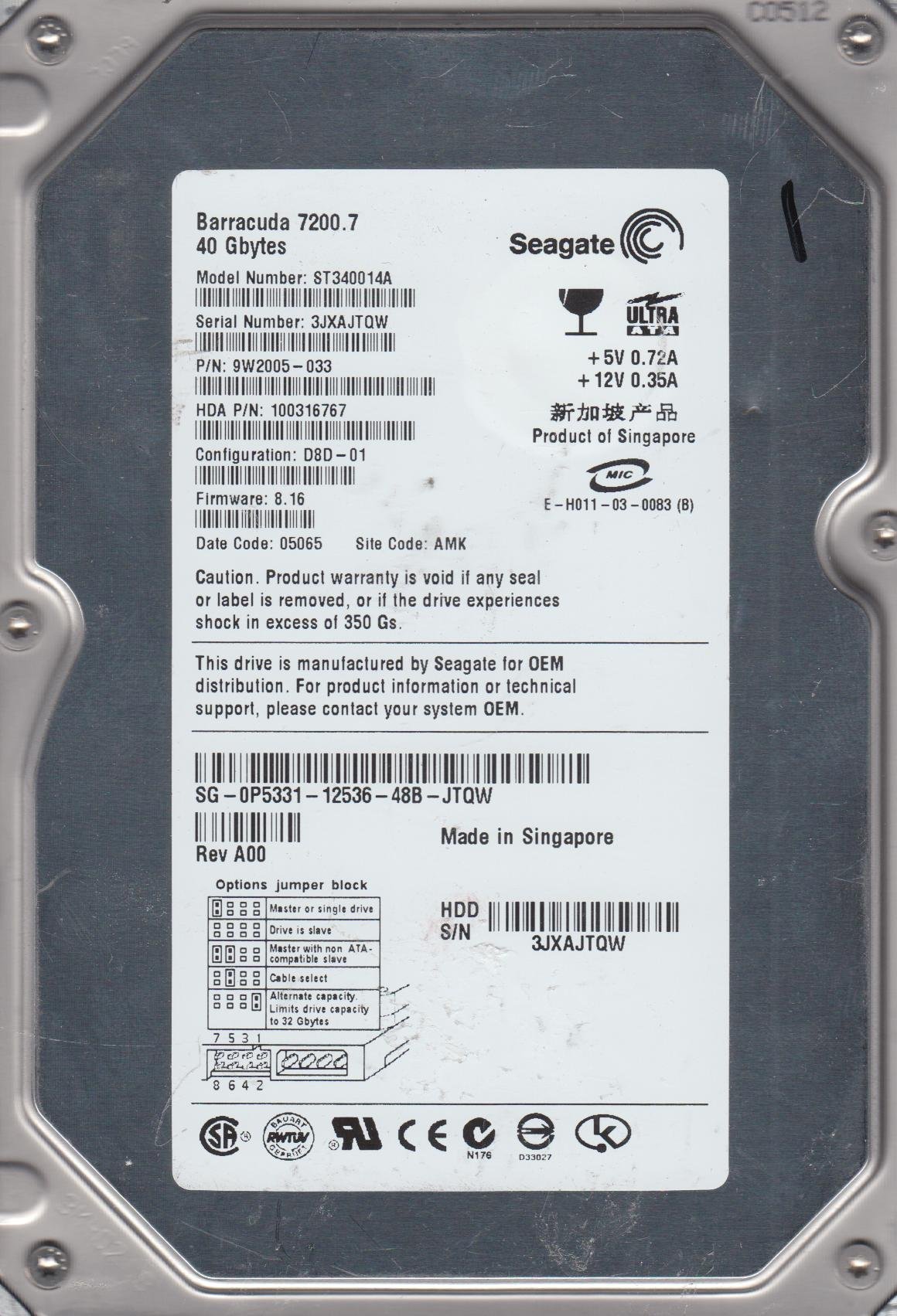 Seagate Barracuda 7200.7 40GB UDMA/100 7200RPM 2MB IDE Hard Drive