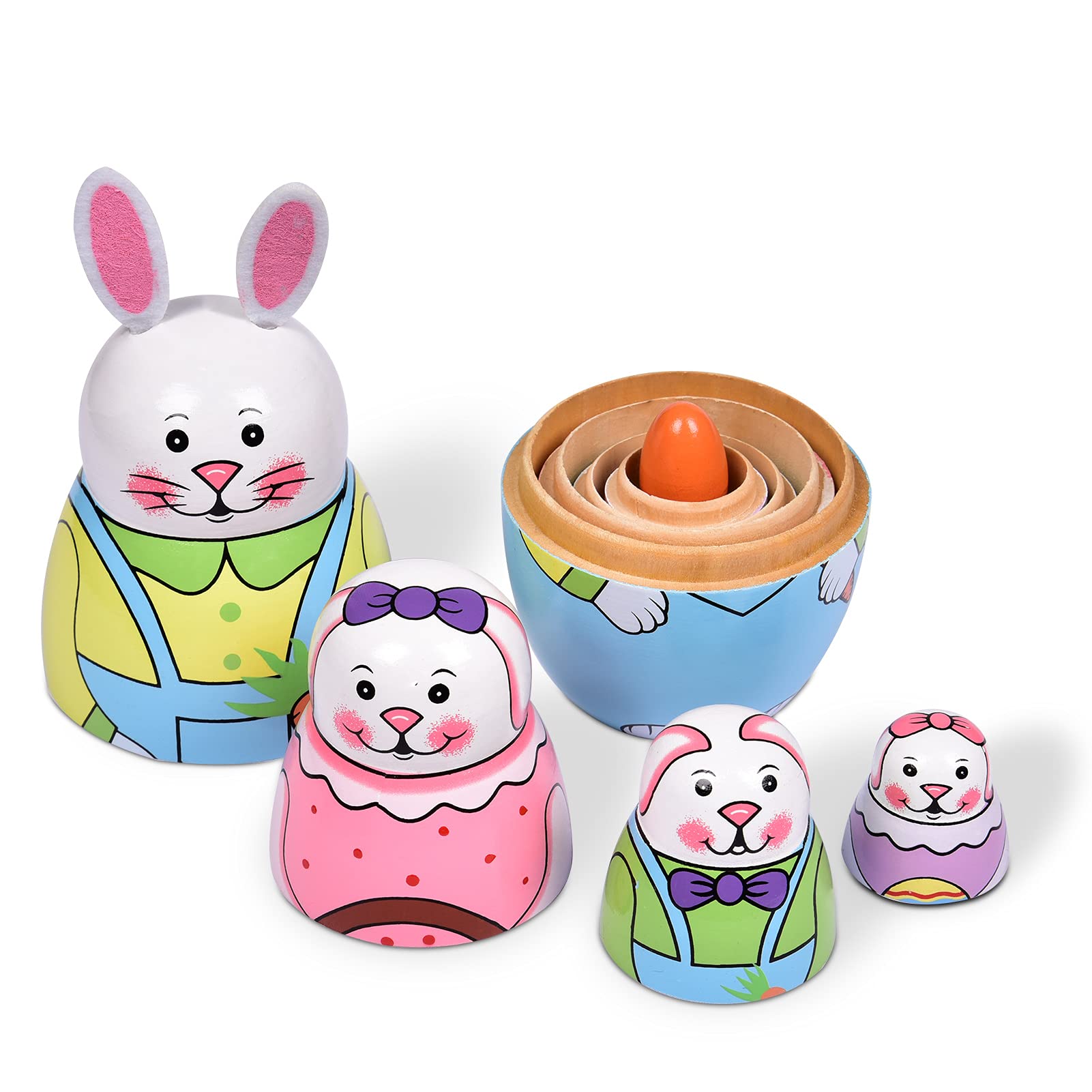 HYSIGUAN Easter Bunny, Handmade Easter Wooden Toys for Toddlers, 5 Pcs Russian Nesting Dolls, Special Easter Eggs Decoration for Home, Gifts, Table, Bedroom, Kitchen (Rabbit)