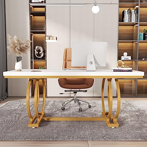 Tribesigns 70.9" Executive Desk, Large Modern Office Desk Computer Desk with Gold Metal Frame, Conference Table Meeting Room Table for Home Office, White and Gold