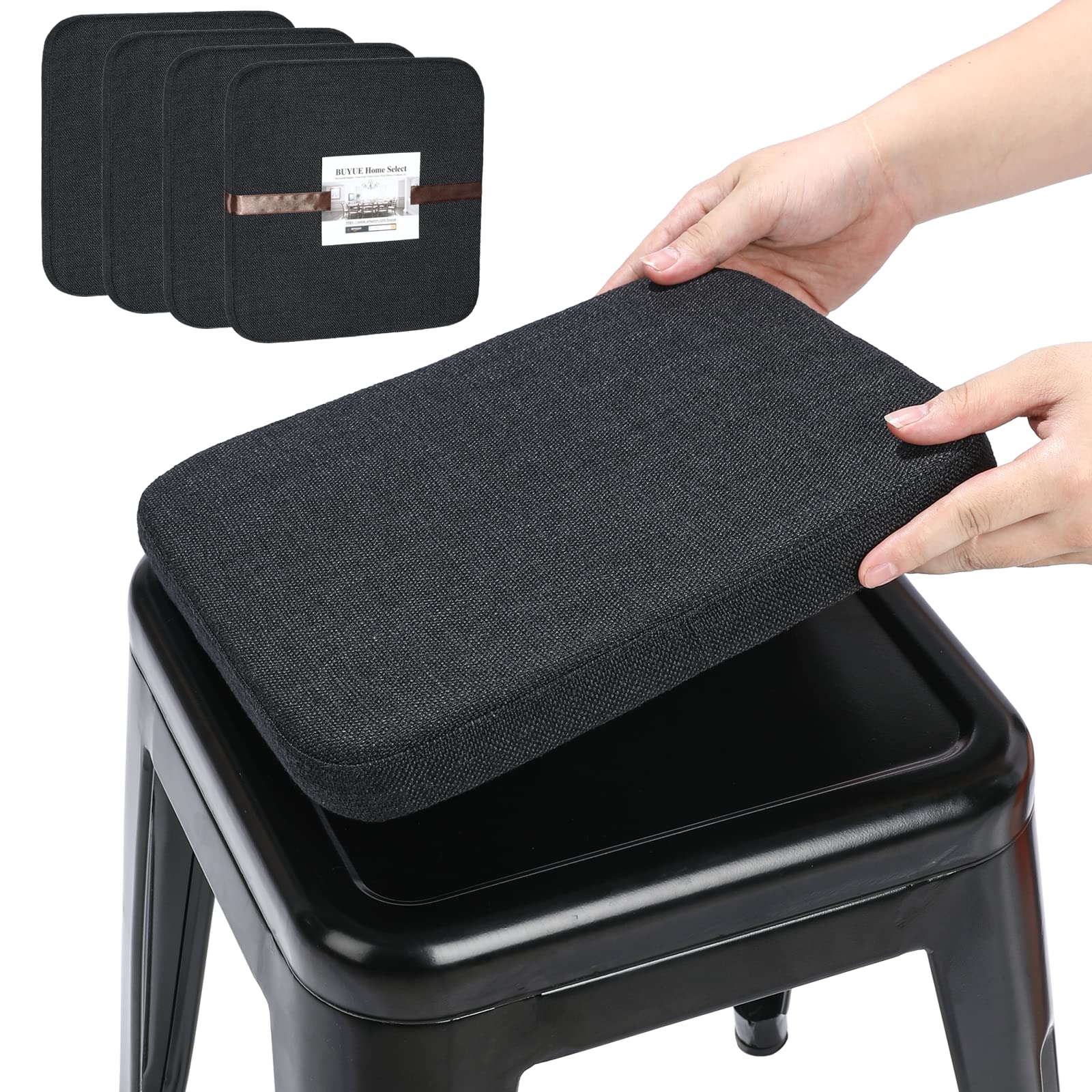 BUYUE Natural Linen Magnetic Bar Stool Cushions Set of 4, Enhanced Anti-Slip Breathable Small Chair Seat Pads for Café Bistro Stackable Metal Stools (Square, Black, 4 Counts)