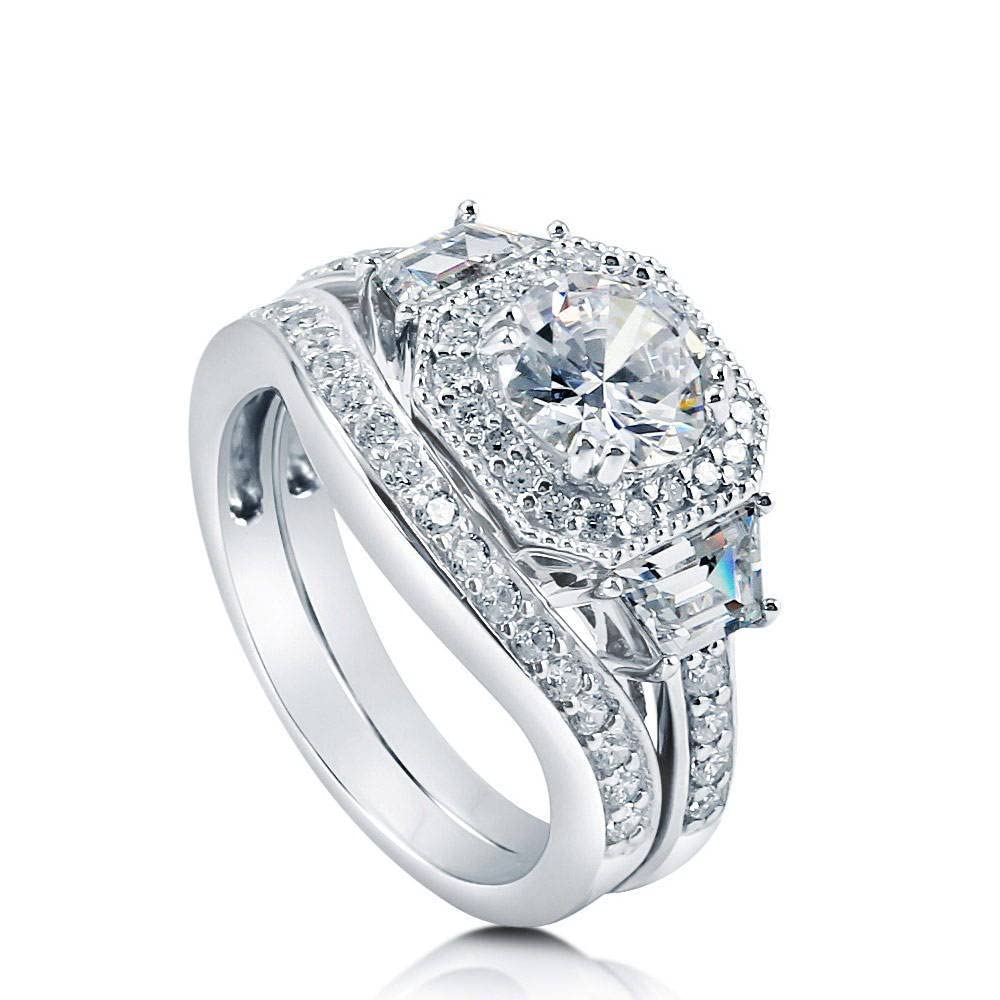 BERRICLE Sterling Silver Halo Wedding Engagement Rings Round Cubic Zirconia CZ Art Deco Ring Set for Women, Rhodium Plated Size 9