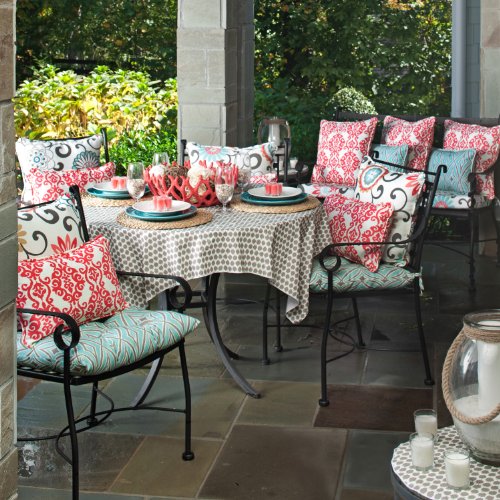 Pillow Perfect Outdoor/Indoor Pom Play Peachtini Throw Pillows, 18.5" x 18.5", Blue, 2 Count