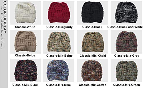 Bocianelli Womens High Messy Bun Beanie Hat with Ponytail Hole, Winter Warm Trendy Knit Ski Skull Cap Classic-Black