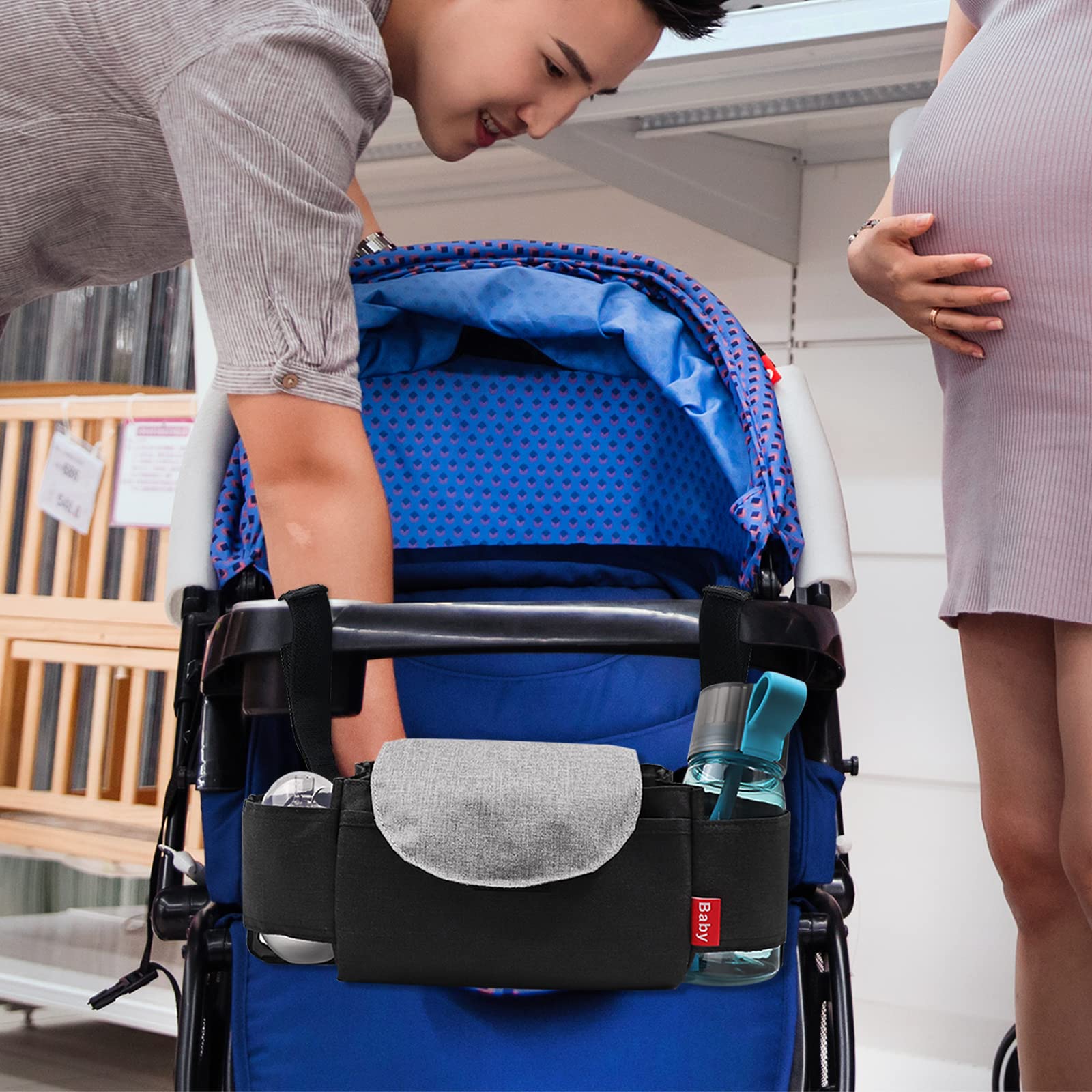 Baby Stroller Organizer,Universal Stroller Storage Bag,Stroller Accessories Bag with 2 Cup Holders,Adjustable Shoulder Strap,Portable Baby Bag,Stylish Universal Design Fits Any Strollers (Black)