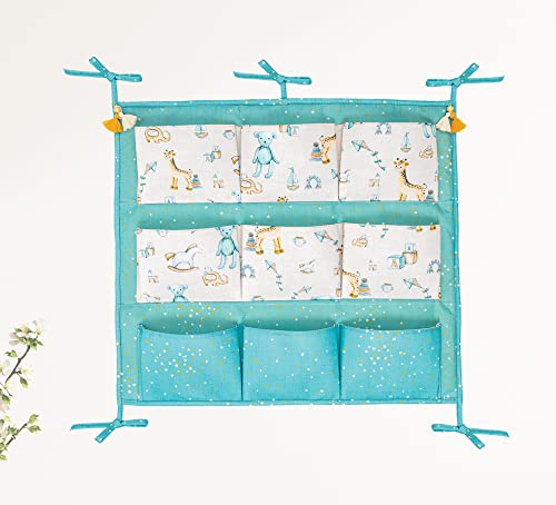 Pazar Kapısı Diaper Caddy- Baby Nursery Crib Organizer- Bedside Organizer-Hanging Pockets Crib Storage Organizer- Kids Room Organizer-9 pocket baby crib side hang organizer caddy (blue)