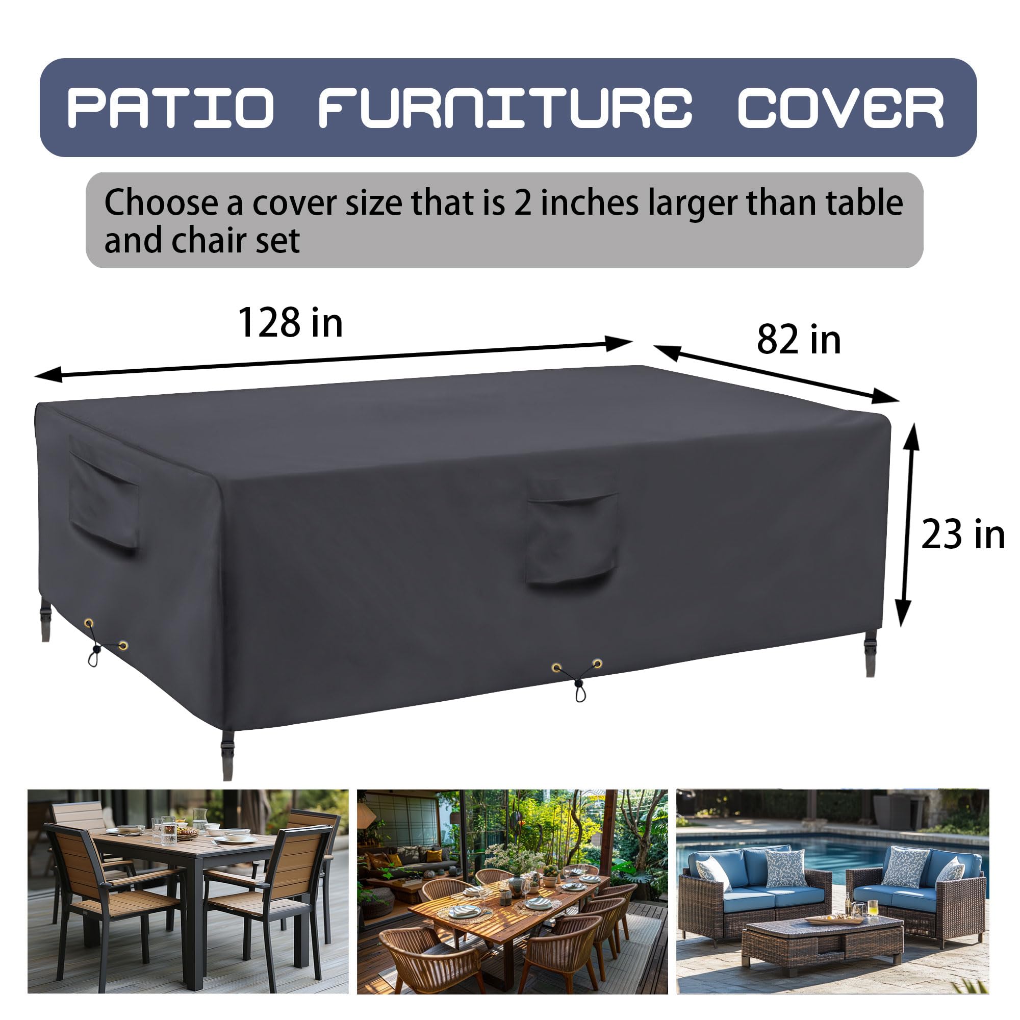 CNCZMH Patio Furniture Covers, Outdoor Patio Chair Covers Waterproof Large, 600D Heavy Duty Table Cover, Outside Dining Table and Chairs Set Covers Rectangular 90X60X24in Grey