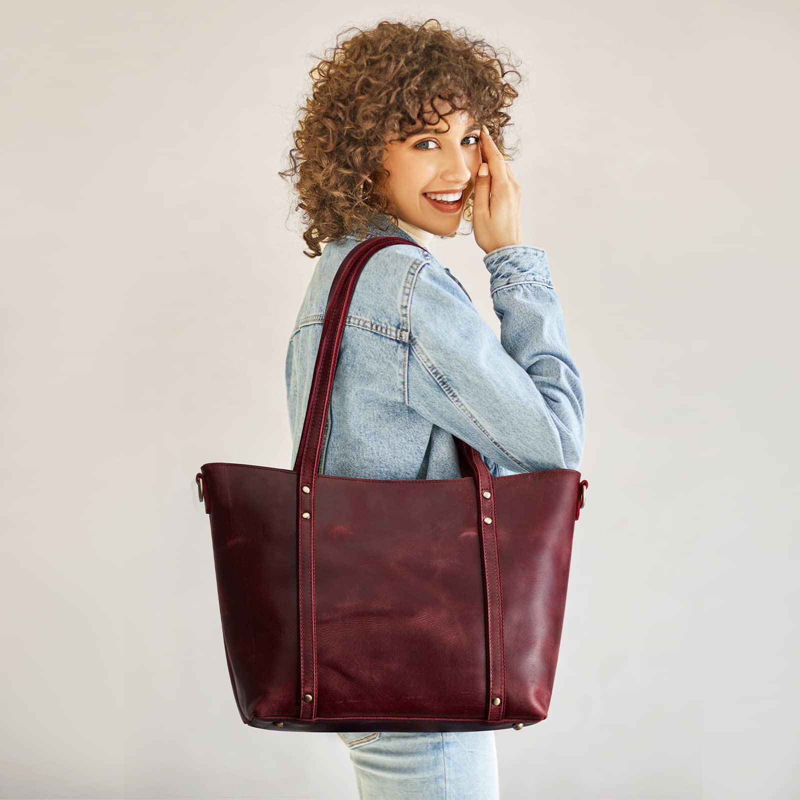 S-ZONE Genuine Leather Tote Bag for Women Vintage Shoulder Handbag Purse with Crossbody Strap Medium