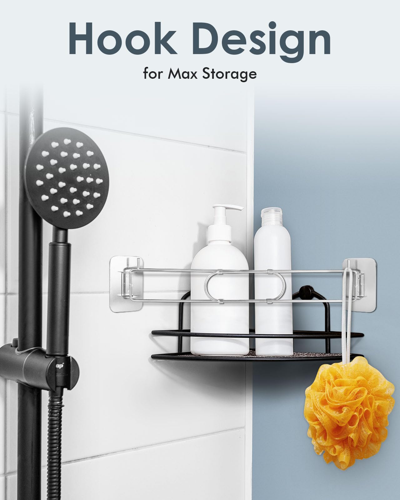 ELETHOR 2PCS RV Shower Corner Storage Bar, 7"-13" Adjustable RV Shelving Bars with 180° Swivel Angle Bases and Hooks, Stainless Steel RV Shower Caddy for SecuringToiletries