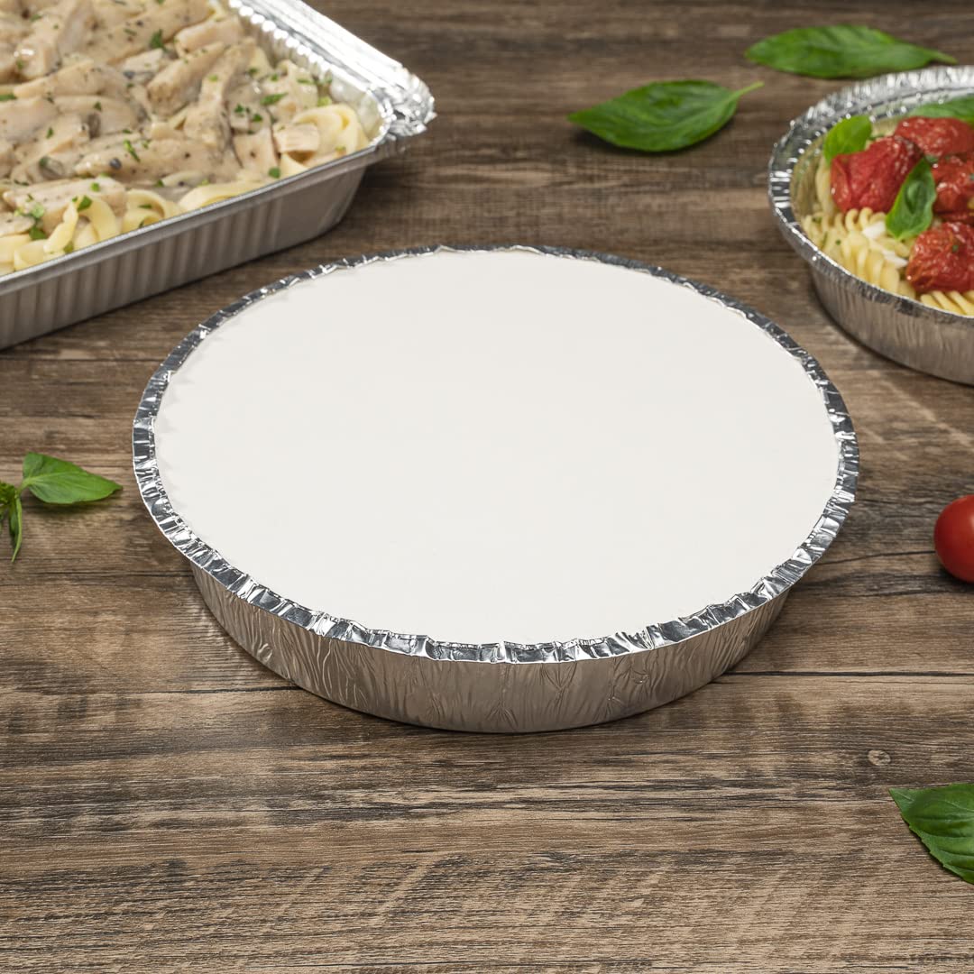 Restaurantware LIDS ONLY: Foil Lux Paper Lids For 9 Inch Aluminum Pans 100 Round Foil Board Lids - Pans Sold Separately Flat Design Foil-Laminated White Paper Lids