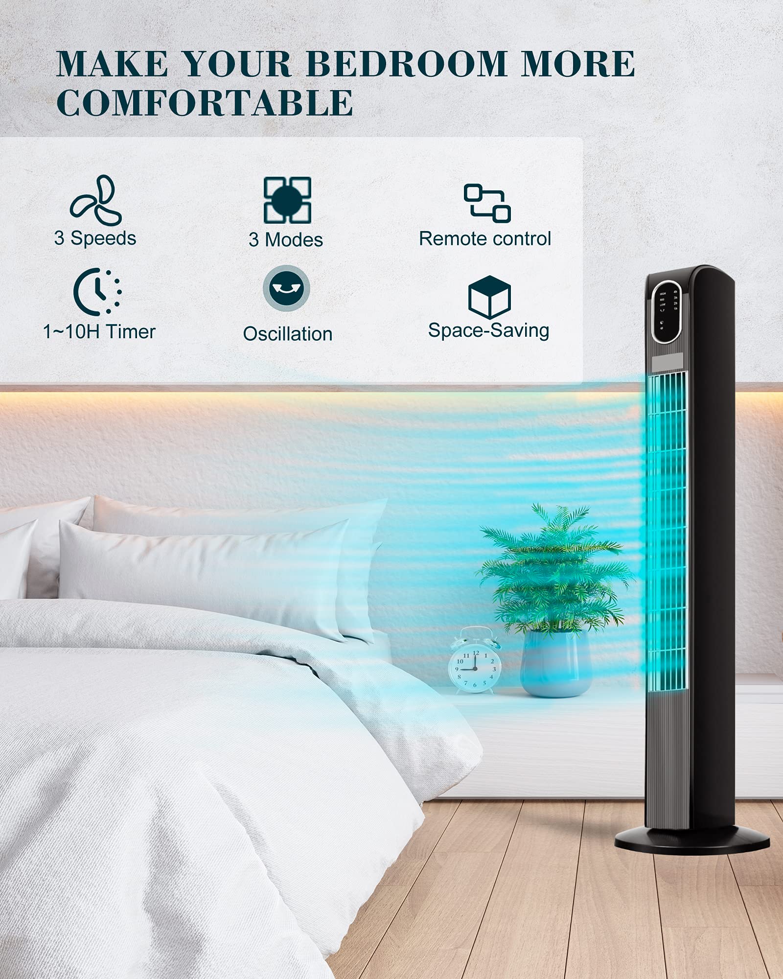 Uthfy Electric Standing Tower Fan,34'' Oscillating Tower Fan with Remote, Floor Fan for Bedroom Office and Home,Quiet Cooling Fan,Portable Bladeless Tower Fan with LED Display,Black