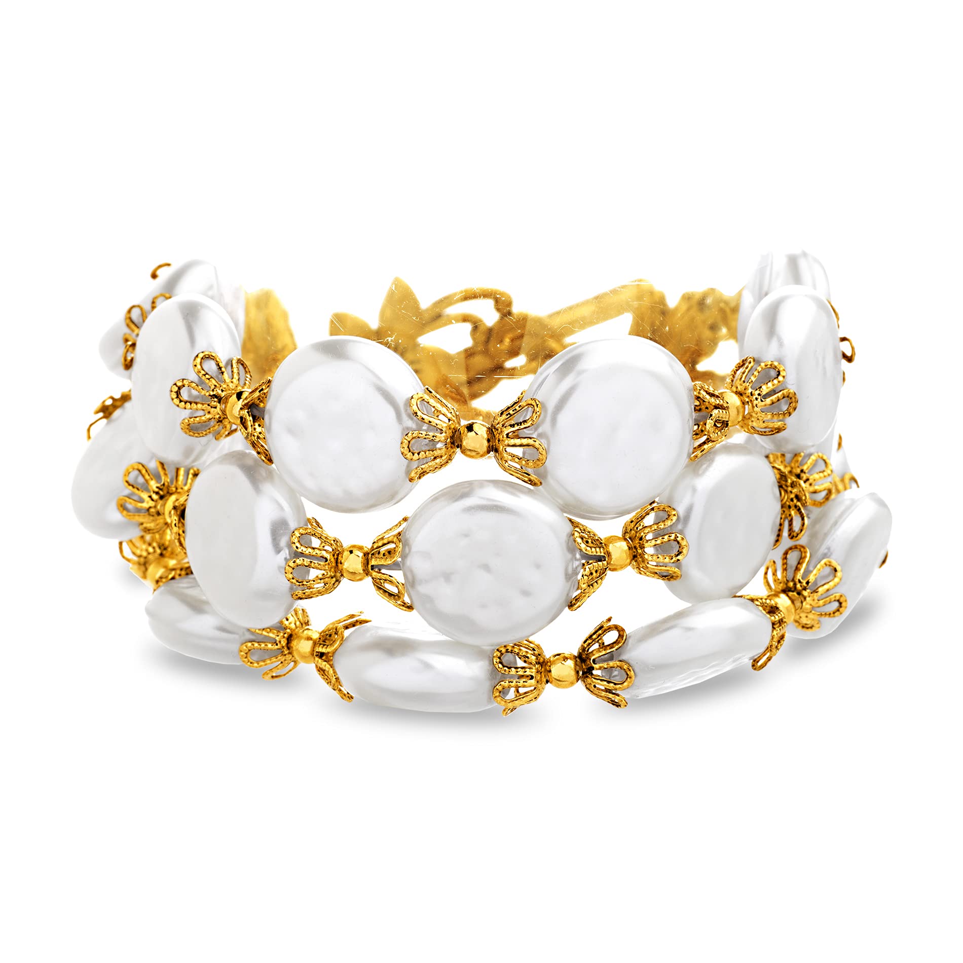 Badgley Mischka Three Row Connected Simulated Pearl Toggle Bracelet for Women 7 Inches