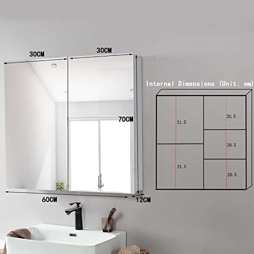 Bathroom Cabinet Wall Mounted with Double Mirror Doors Bathroom Medicine Wall Cabinet Hanging Shelves Metal with Framless Storage Shelves Recess or Surface Mount 60 * 70cm,Black ()