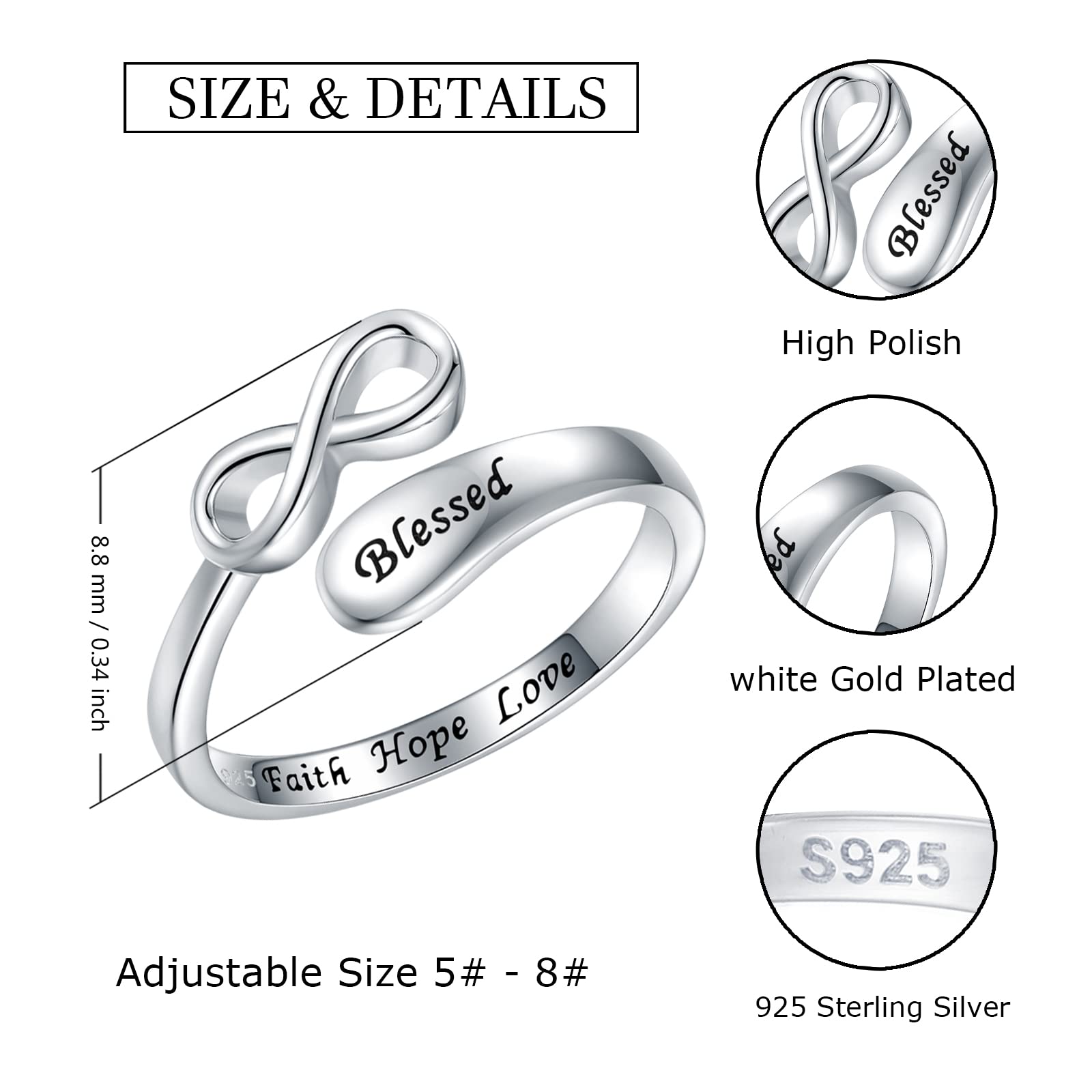 Bolelis 925-Sterling-Silver Just Breathe Rings - Inspirational Adjustable Jewelry Personality Encouragement Gift for Teens Women (Infinity Blessed)