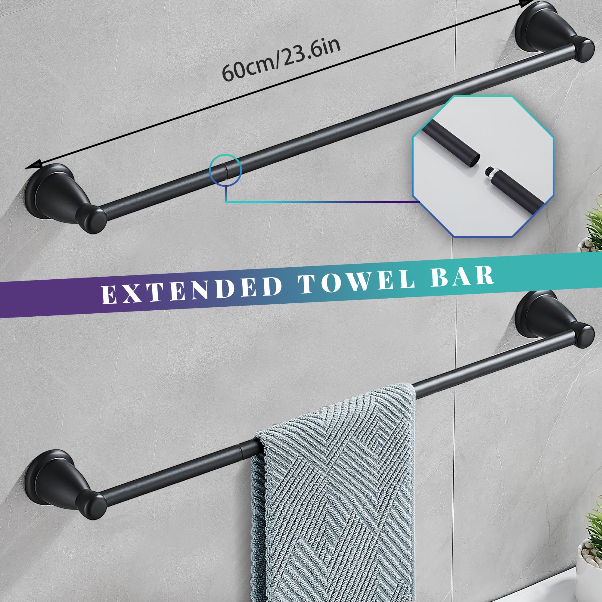 Bathroom Hardware Set, Matte Black 23.6 Inches Adjustable Expandable Towel Bar 4-Piece Bathroom Accessory Set Wall Mounted Robe Hook Toilet Paper Holder Towel Ring Towel Bar