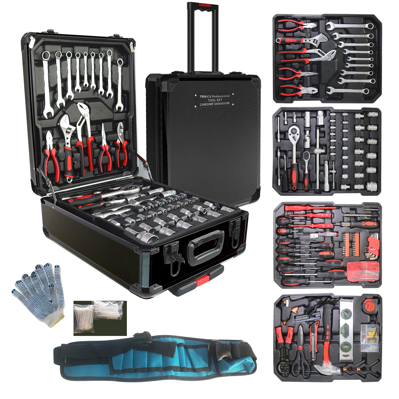 Tool Box with Tools, Tool Sets for Men, ToolKit with Rolling Tool Box, Complete Tool Box Set, Home Repair Tool Set, Mechanic Tool Set as Gift on Father's Day