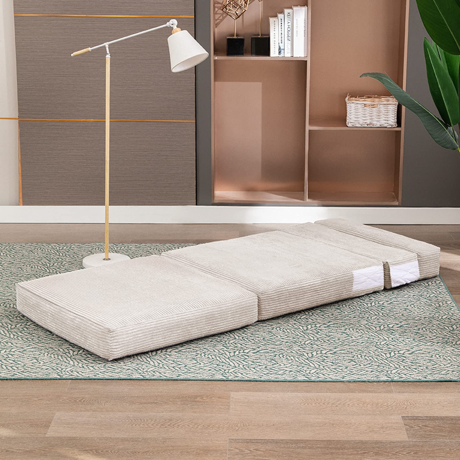 Mjkone Floor Sofa Couch, Convertible Futon Sofa Bed with Memory Foam, 3 in 1 Foldable Couch Bed, Pull Out Sleeper Sofa for Living Room/Apartment/Office (Beige, Single)
