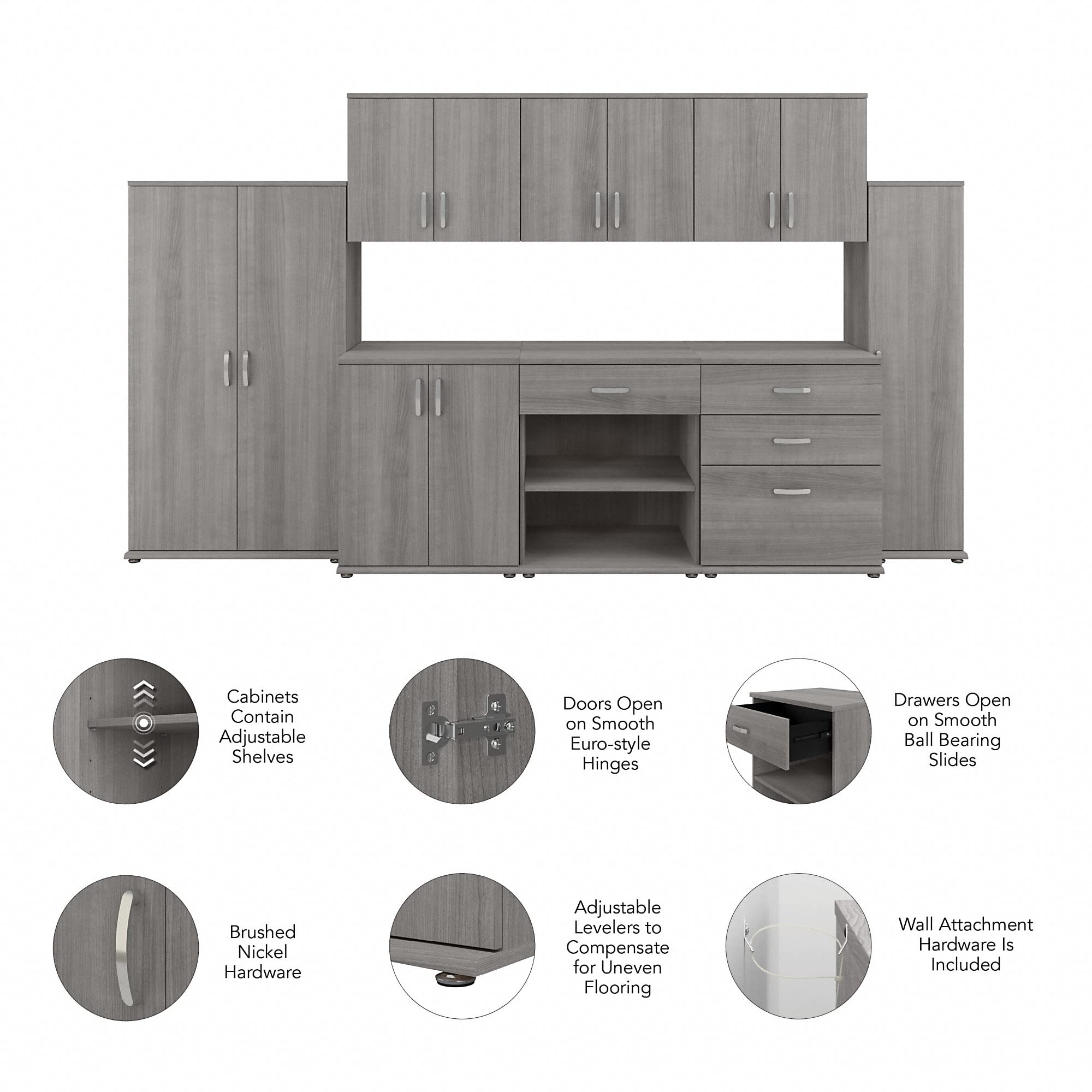 Bush Business Furniture Universal 8 Piece Modular Closet Storage Set with Floor and Wall Cabinets, Platinum Gray