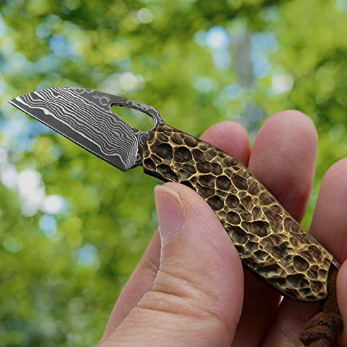 Cool Hand 2'' EDC Flip Joint Folding Knife, Small Pocket Knives w/ 1.25'' VG10 Damascus Steel Blade, Brass Handle w/Leather Lanyard,Tin Box Packaging
