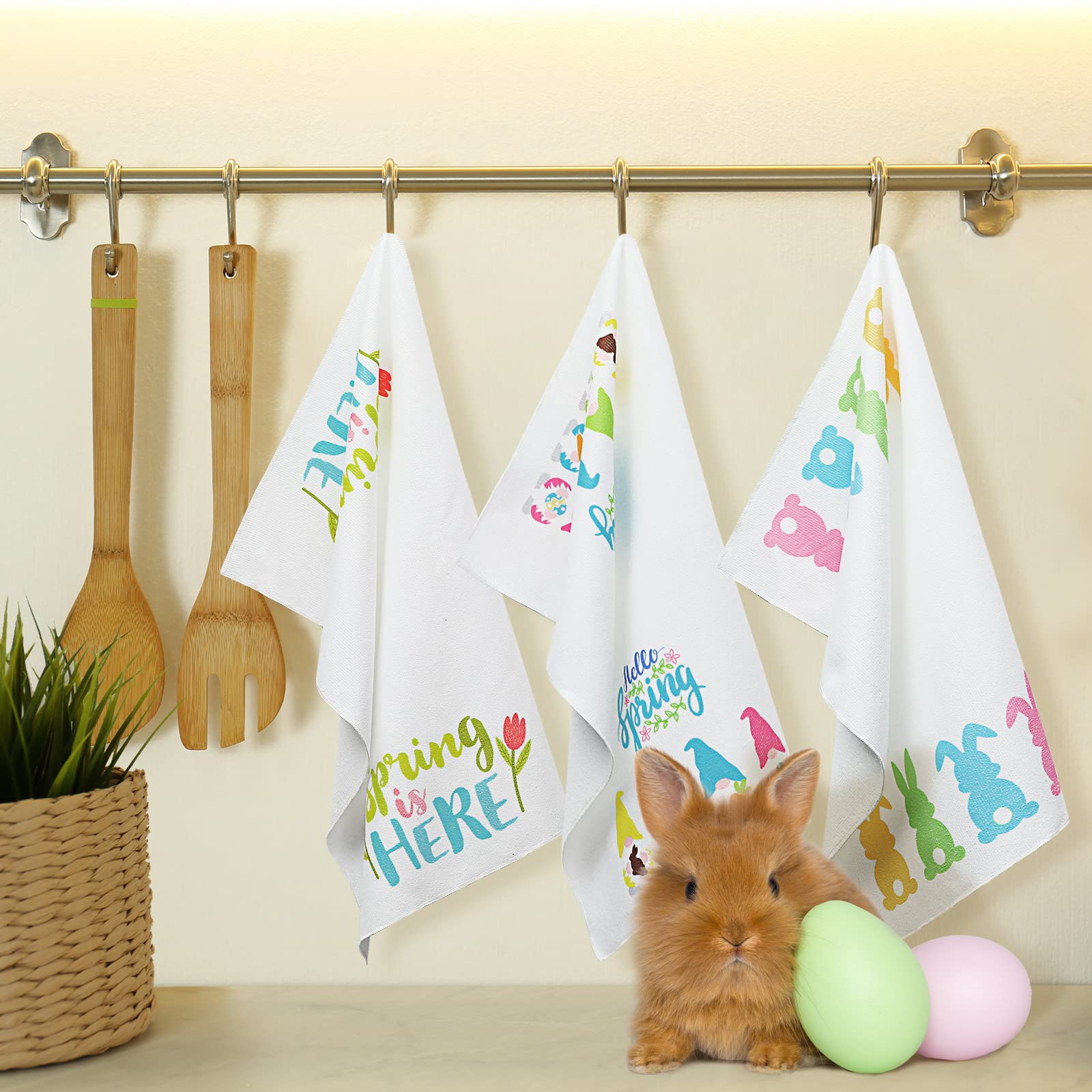 Breling 4 Pieces Easter Kitchen Towels 23.6 x 15.7 inches Easter Bunny Eggs Rabbit Hand Towels Spring Happy Easter Gnomes Kitchen Towels Holiday Cloth Dish Towels for Cooking Baking
