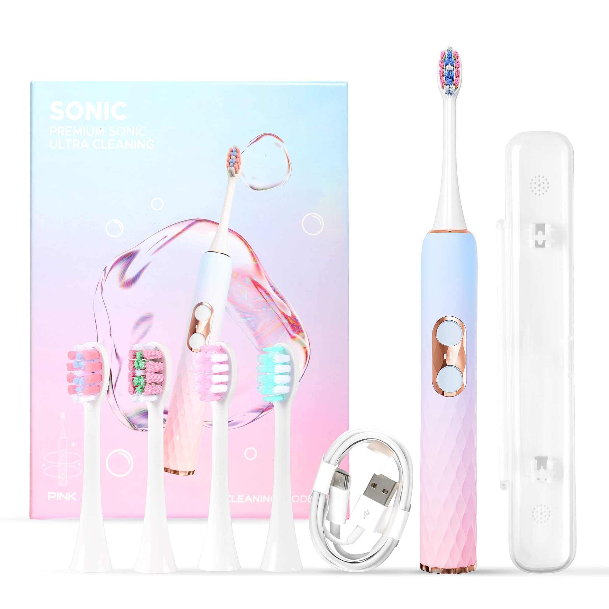 DYCROL Electric Toothbrush, IPX7 Waterproof, 9 High-Efficiency Brushing Modes, 4 Replacement Brush Heads, 2-Month Battery Life, Fast Charging, Gradient Pink