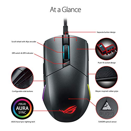 ASUS Optical Gaming Mouse - ROG Pugio | Ergonomic & Truly Ambidextrous PC Gaming Mouse | Configurable & Swappable Side Buttons | 7200 DPI Optical Sensor | Aura Sync RGB, ROG Armoury II