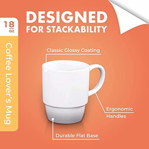 Bruntmor 18 Oz Plain Stacking Coffee Mug Set of 6, Cute 18 Ounce Porcelain Mugcup Set In White, Best Coffee Mug For Your Christmas, Birthday Gift, or DIY Decoration