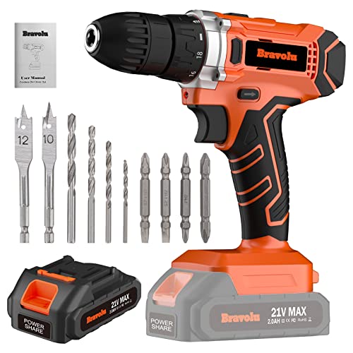 Cordless Drill, Bravolu 21V Cordless Electric Drill Set with 1 x 2Ah Battery, Torque 18 + 2, 310 in-lbs Max, 3/8-Inch Keyless Chuck 1500RPM 2 Variable Speeds and LED light, for Drilling Wood and Metal