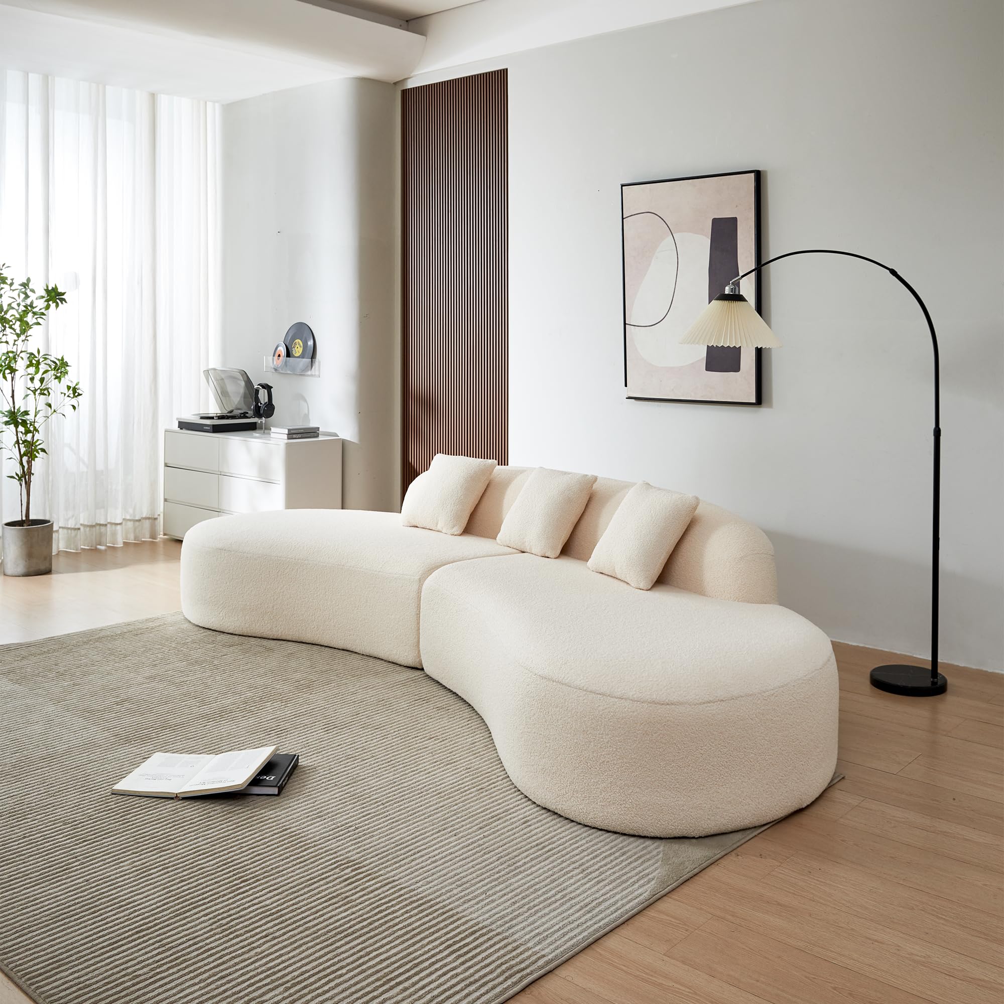 DAMAIFROM 119.29β Curved Sectional Sofa Couch, Comfy Sherpa Fabric Modern Upholstered Cloud Sofa with 3 Pillow, Oversized Couch for Living Room, Bedroom, Apartment, Beige