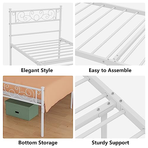 Elephance Twin Size Bed Frame with Headboard and Footboard, Metal Platform Bed Frame with 14 Inch Storage Space Mattress Foundation No Box Spring Needed for Girl Boy White