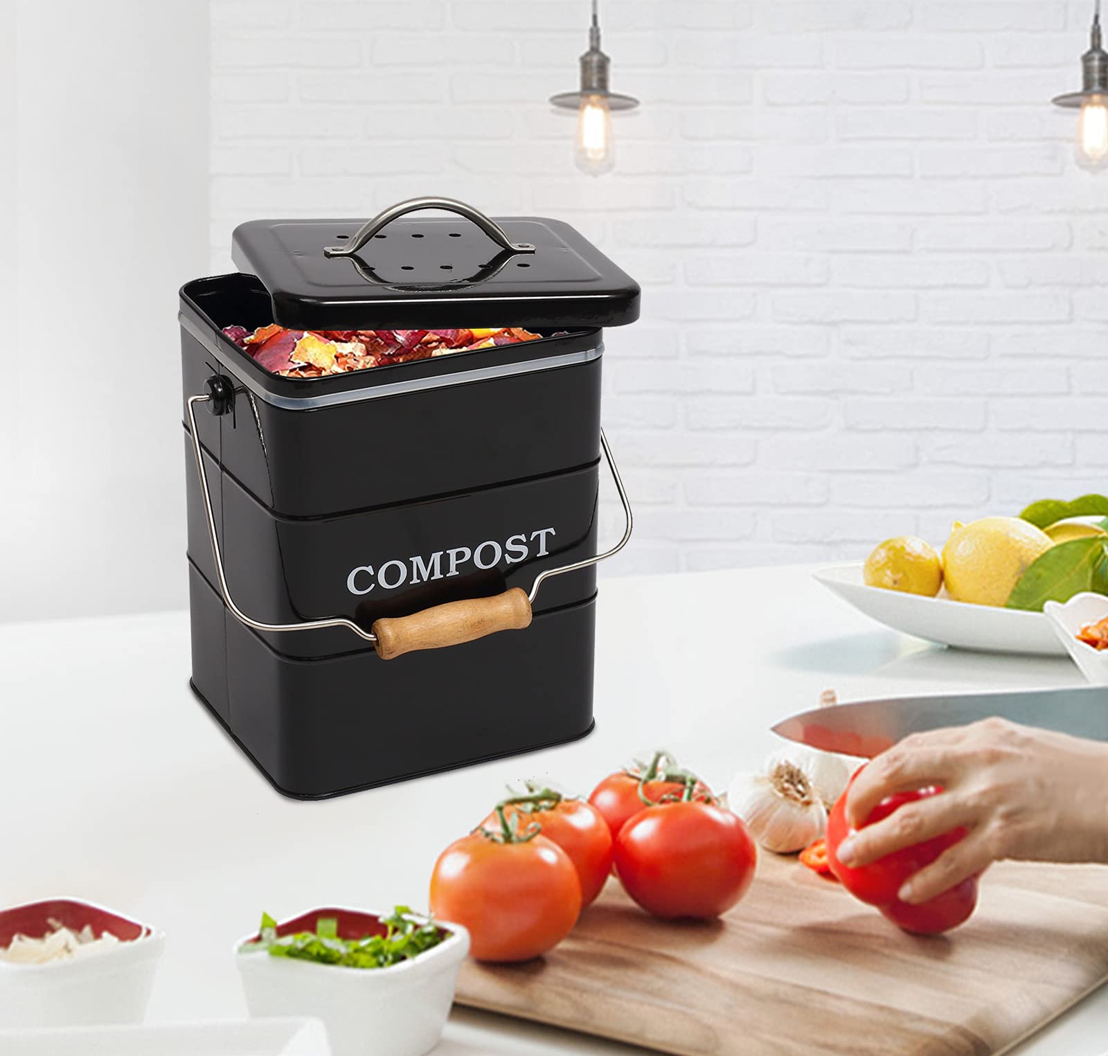 ayacatz Stainless Steel Compost Bin for Kitchen Countertop Compost Bin，1 Gallon, Kitchen Trash Can -Includes Charcoal Filter，Compost Bucket Kitchen Pail Compost with Lid-Black