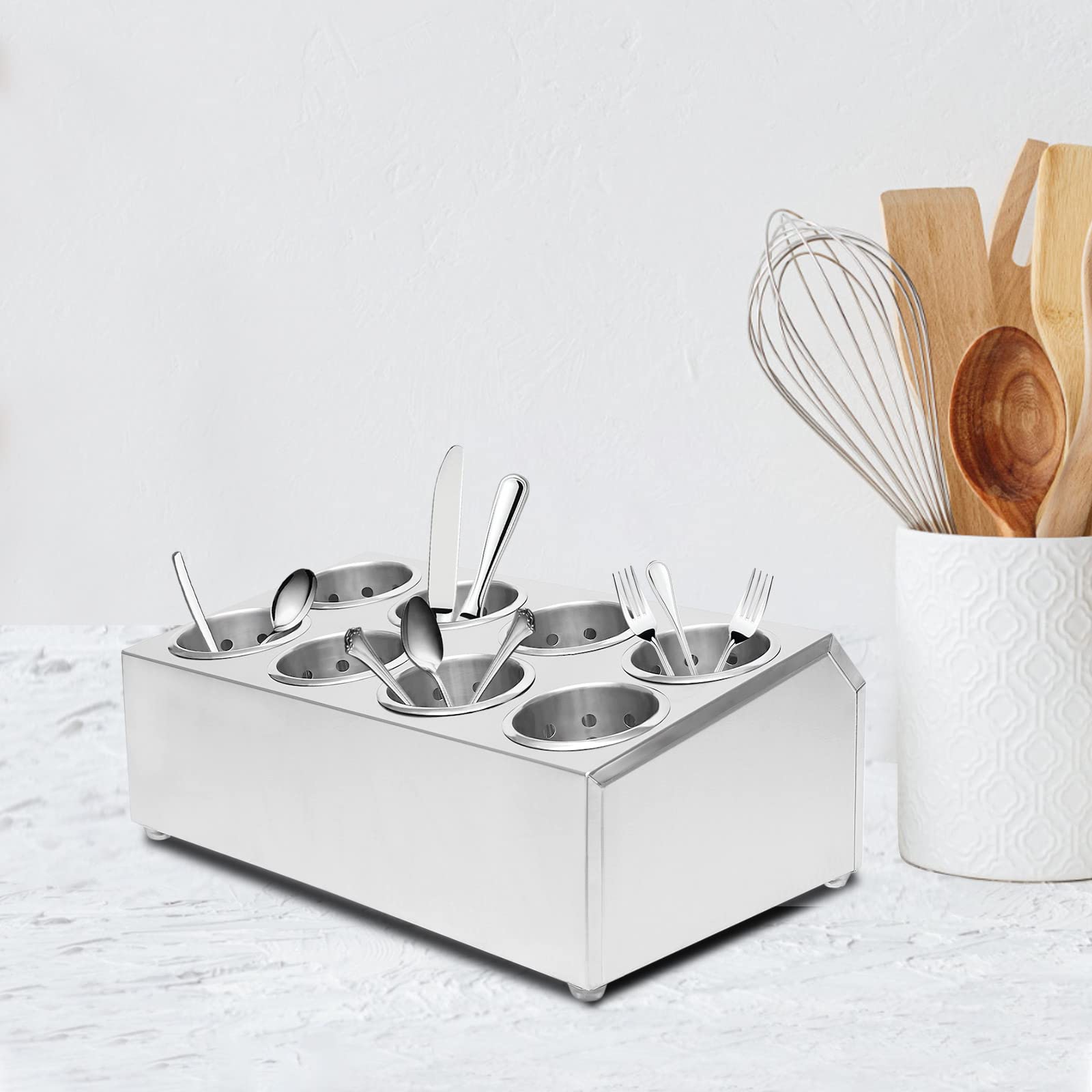 CeRaBuRET Commercial 8-Hole Stainless Steel Cylinder Flatware Silverware Utensil Holder Organizer Restaurant Silverware Organizer Countertop Cylinder Holder For Restaurants, Catering