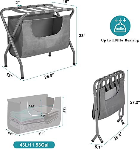 ELYKEN 2 Pack Luggage Rack with Laundry Bag, Guest Room Folding Space Saving Suitcase Holder, Max 110LBS Baggage Shelf with Heavy Duty Nylon Belts, Dirty Clothes Storage for Bedroom Hotel