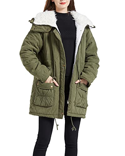 MEWOW Women's Winter Mid Length Thick Warm Faux Lamb Wool Lined Jacket Coat (M, ArmyGreen)