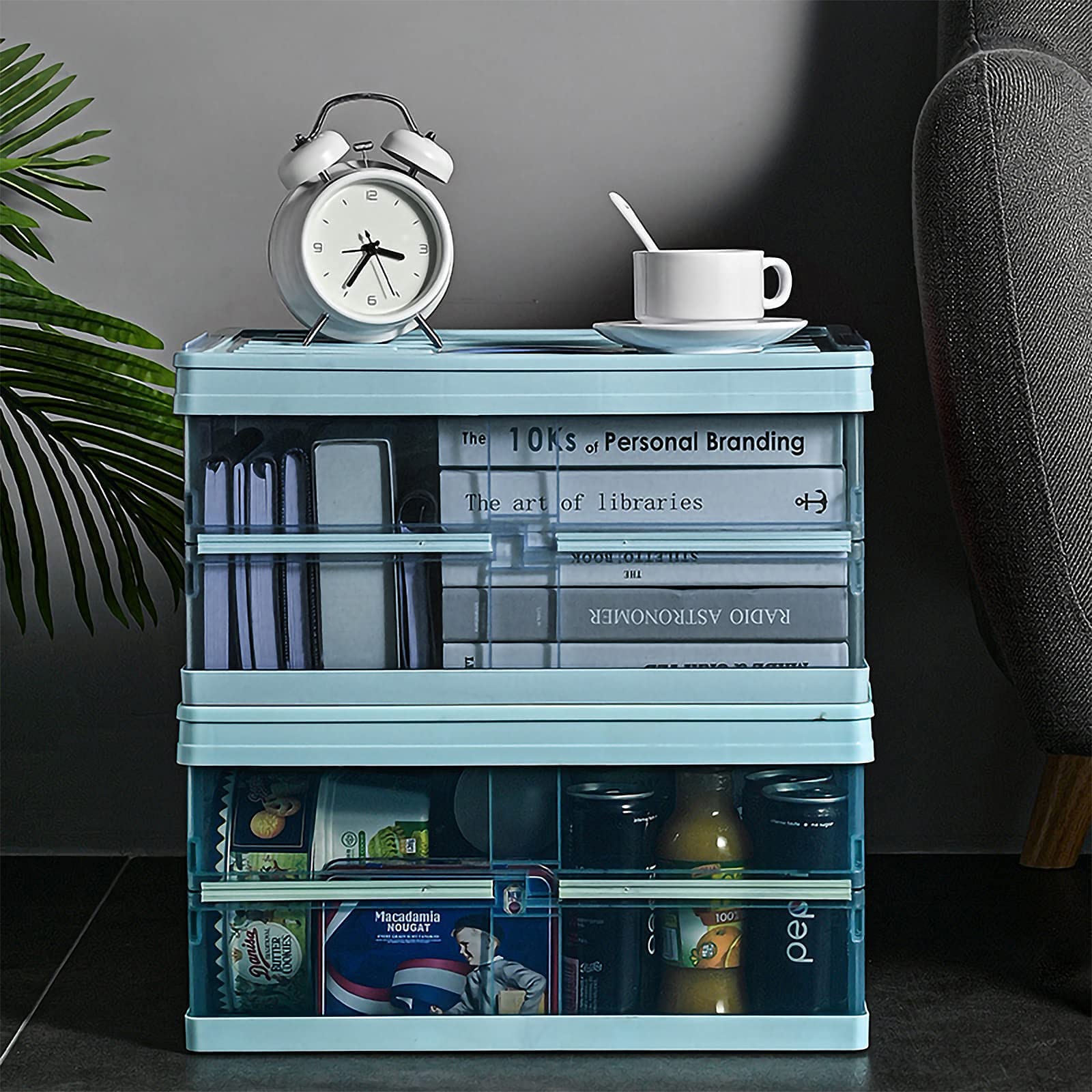 MineSign Foldable Storage Bins with Lid Stackable Plastic Storage Crate Folding Storage Container for Home Closet Bedroom Kitchen Camping Bins with Build in Handle Medium Blue