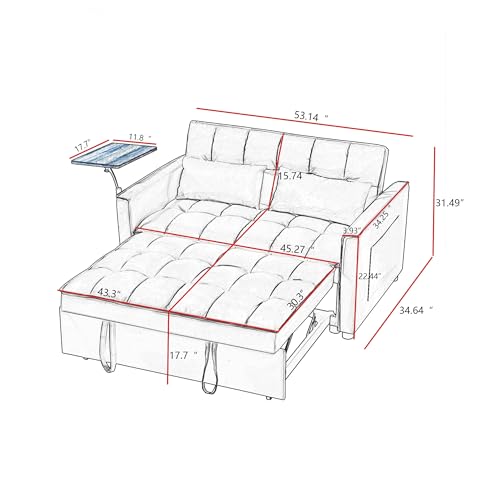 Comfy Velvet Tufted Upholstered Sofa Loveseat Convertible Futon Sofabed,Love Seat W/Pull Out Sleeper Couch Bed and 360 Adjustable Side Table for Coffee & Computer, Modern Compact Daybed