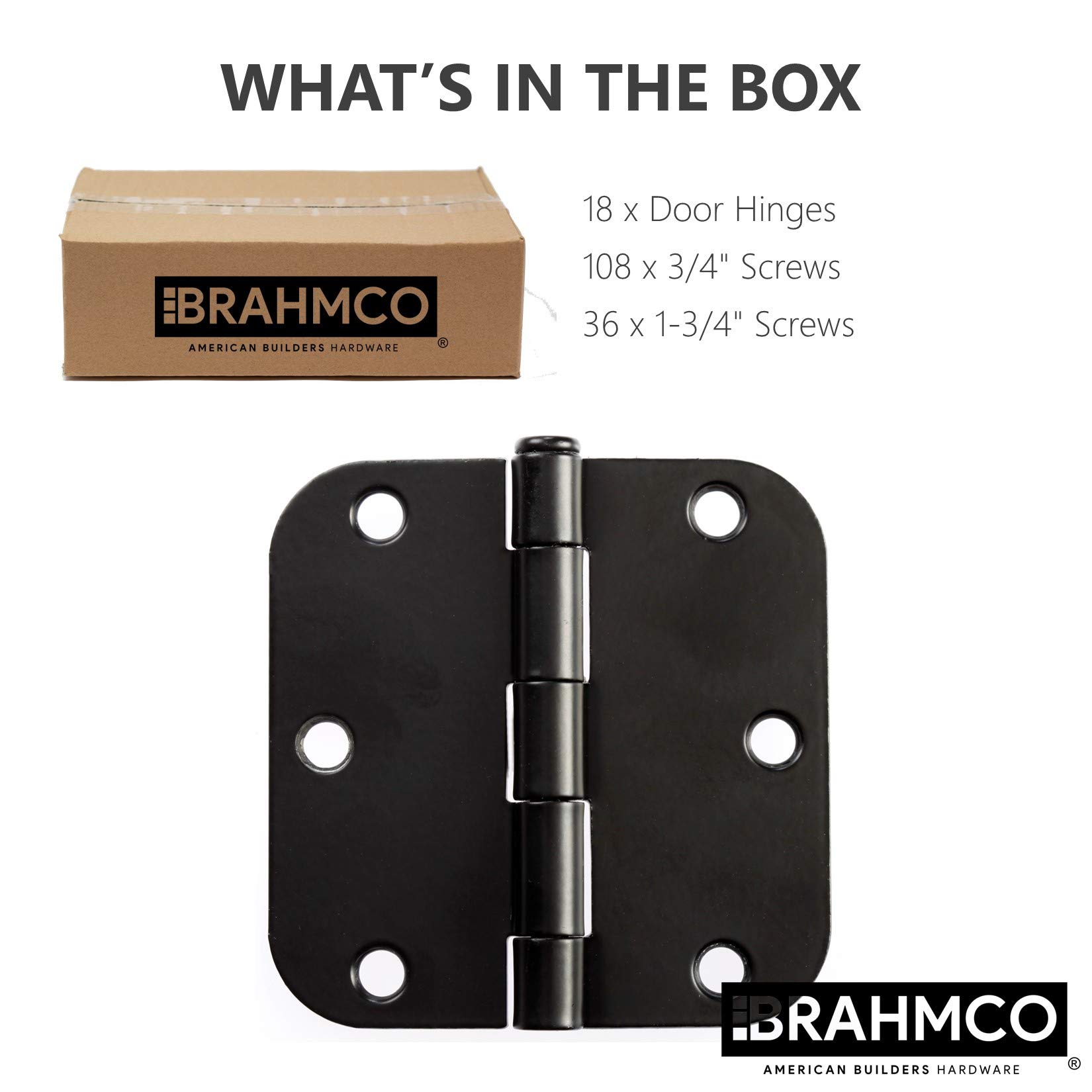 Brahmco 18 Pack | 3.5" Matte Black Door Hinges: 3.5 Inch x 3 1/2 Inch (5/8 Inch Radius Corner) Interior Door Hardware