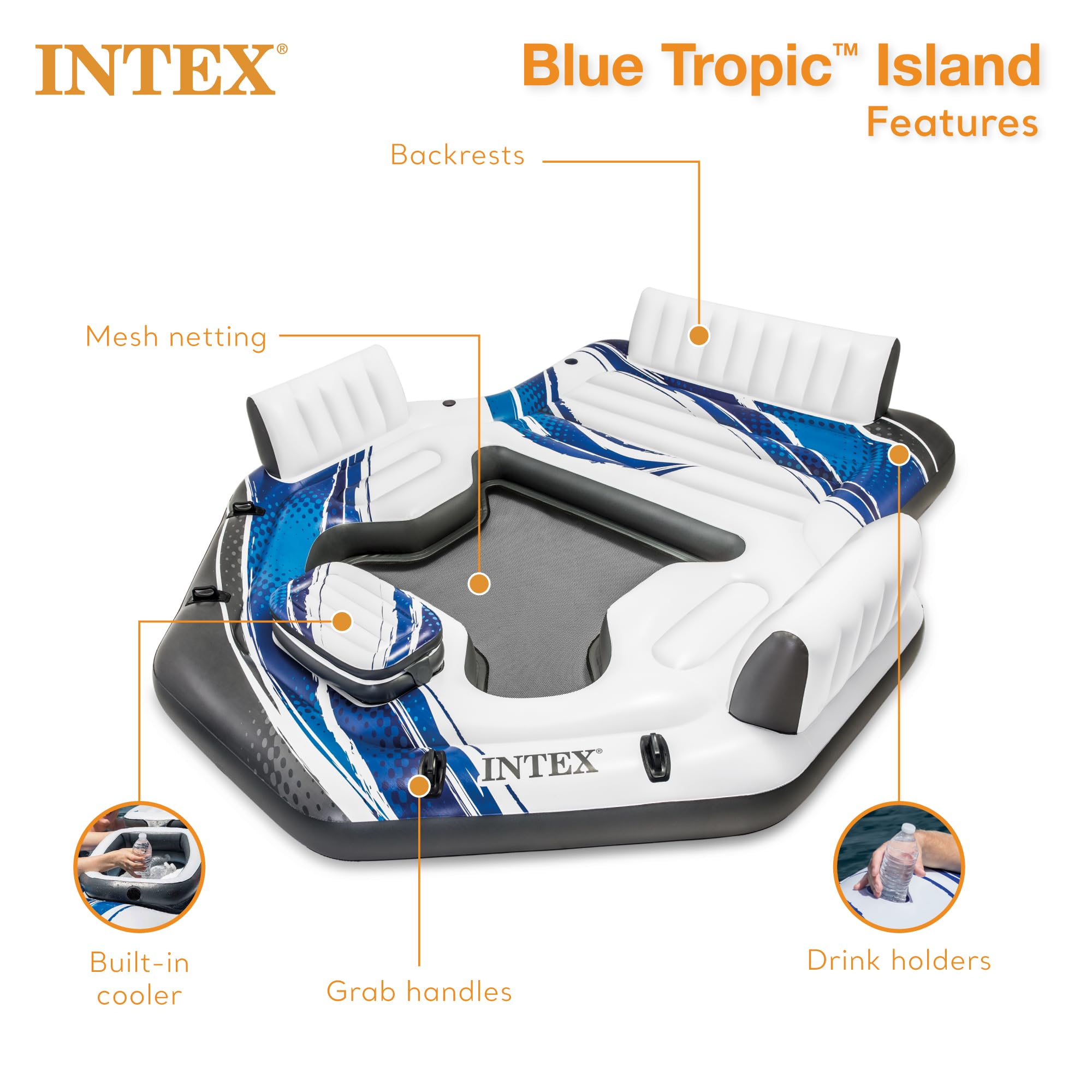 Intex Blue Tropic Inflatable 5 Person Raft or Swimming Pool Island Water Floating Lounger Raft with Backrests, Built in Cooler, and 4 Cupholders
