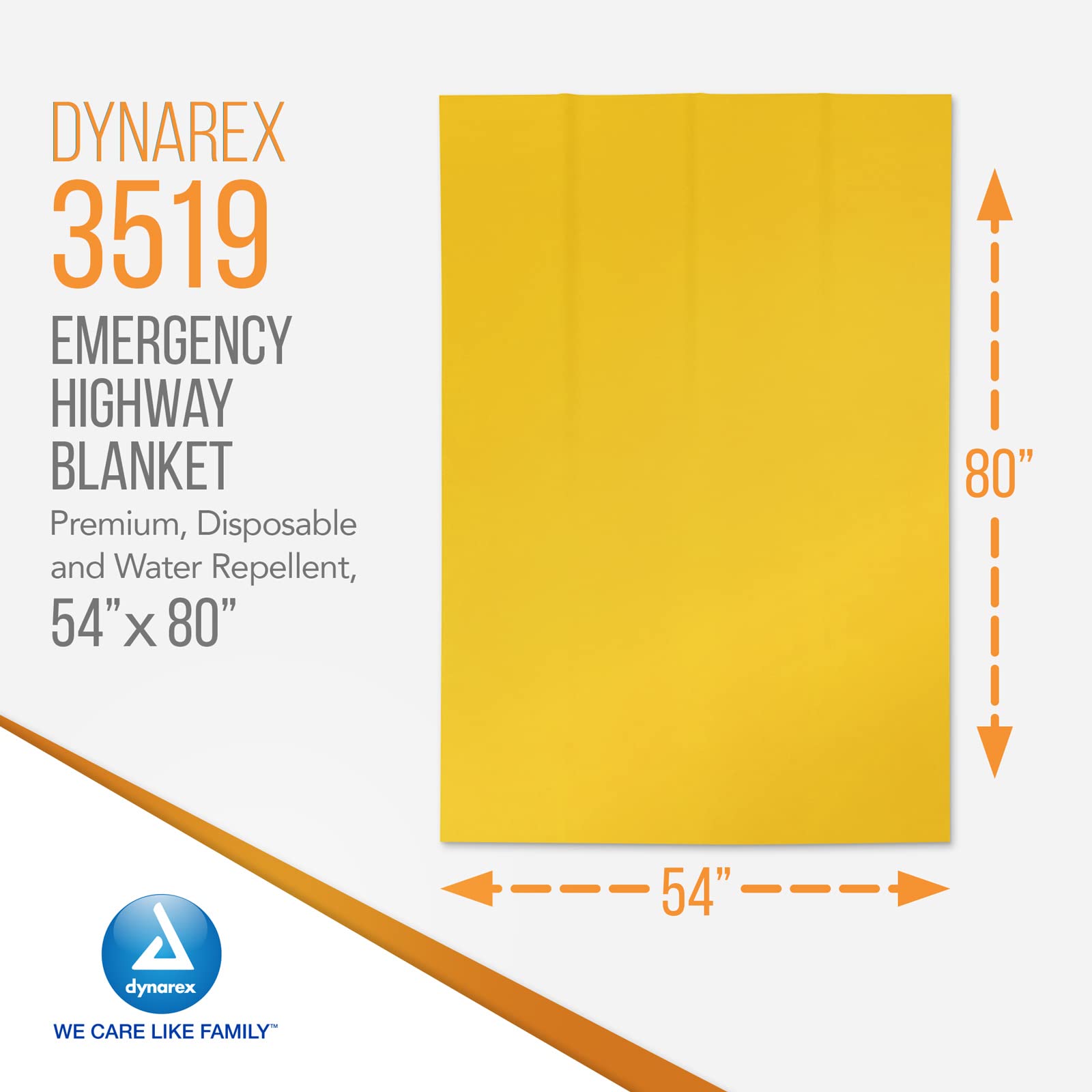 Dynarex 3519 Emergency Highway Blanket, Economy, Disposable and Water Repellent, Provides Full Coverage, Highly Visible for Safety, Yellow, 54" x 80", Pack of 50