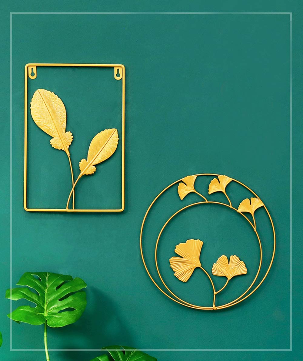 samanoya Iron Wall Sculptures,Metal Round Room Decor and Home Decor with Hanging Leaf Gingko Ornaments Great for Bedroom Hotel Wall Decoration (Gold（Round Square Suit）)